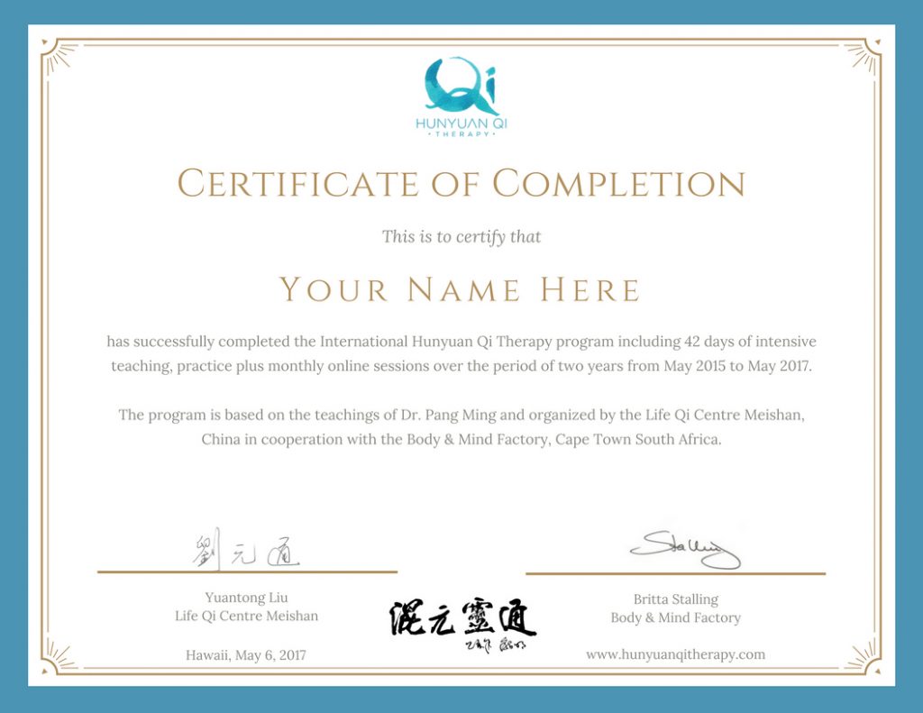 Certification - Hunyuan Qi Therapy