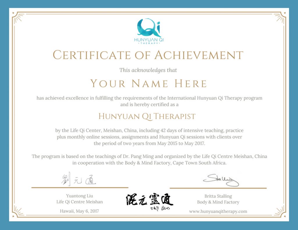Certification - Hunyuan Qi Therapy